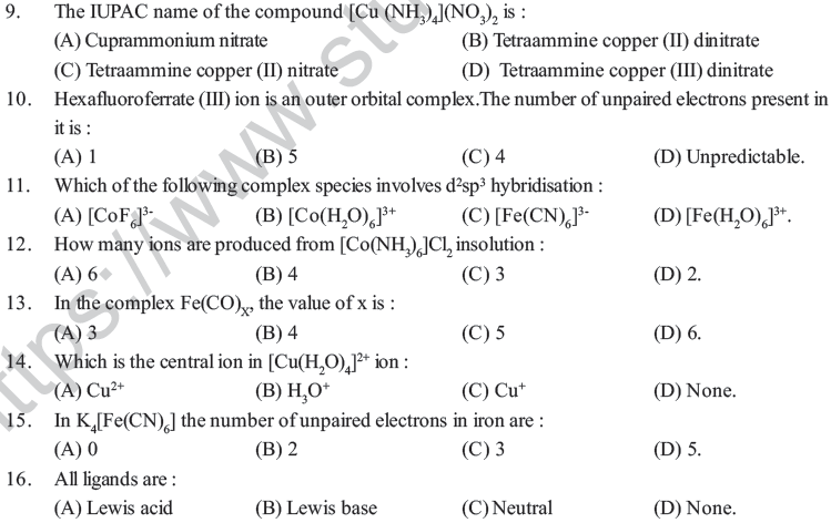 NEET UG Chemistry Coordination Compounds MCQs, Multiple Choice Questions